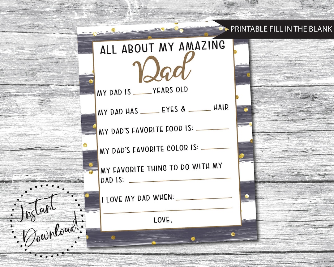 Father's Day Gift Printable, All About Dad, Fathers Day Questionnaire ...