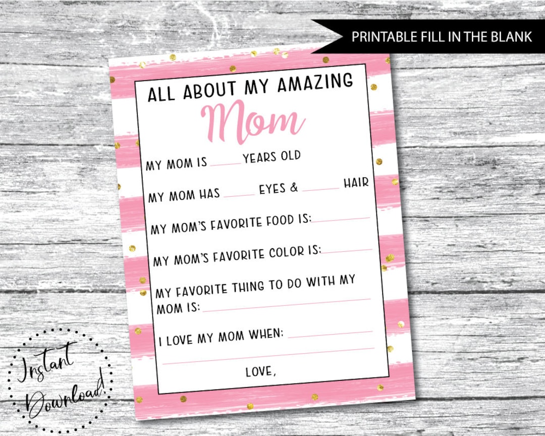 Mother's Day Gift Printable, All About Mom, Mothers Day Questionnaire ...