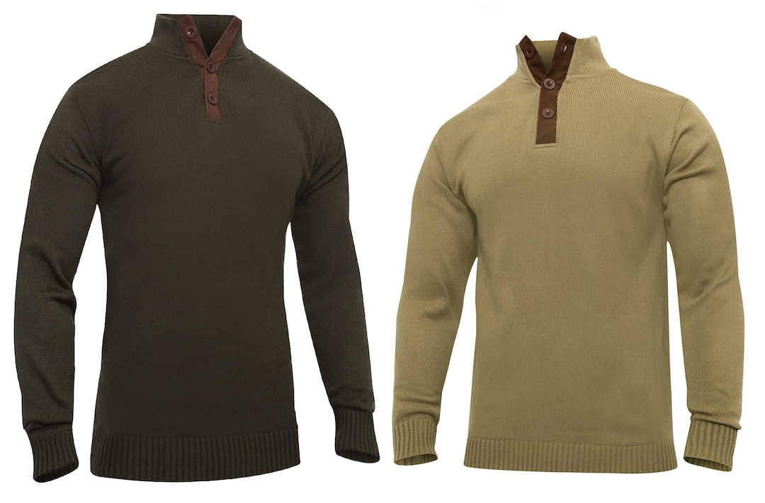 Military Style 3 BUTTON Pullover Sweater V-neck Suede Accents - Etsy