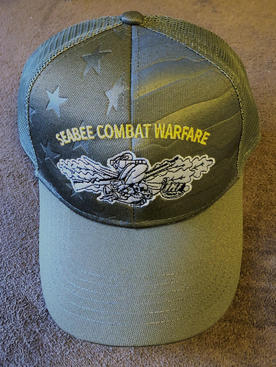 US Navy Seabee Combat Warfare Trucker Style Mesh Ball Cap Stars ...