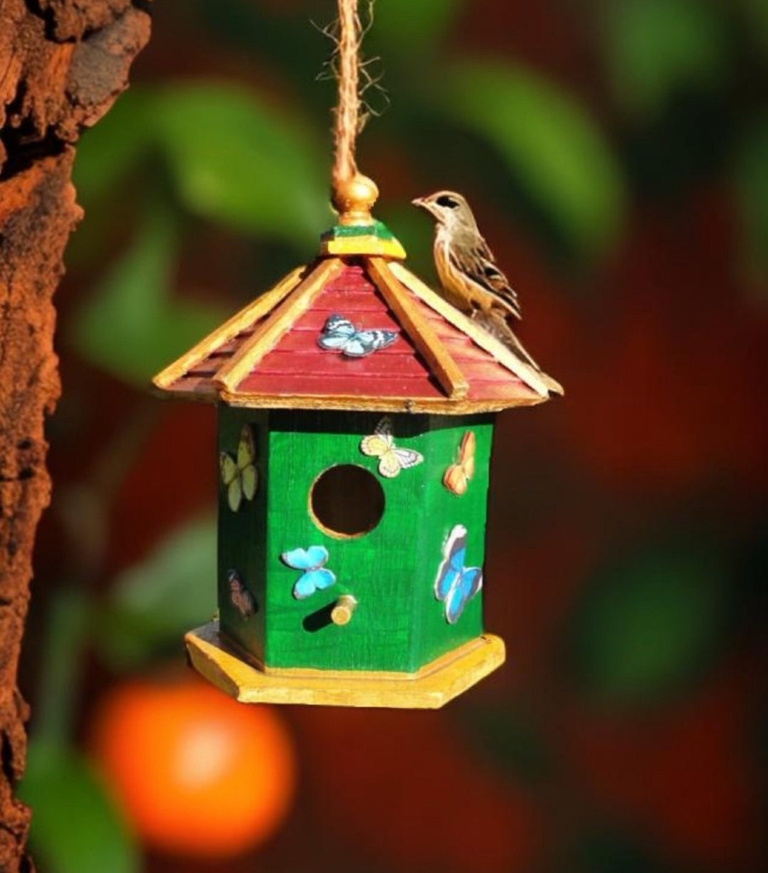 Handcrafted Wooden Birdhouse, Green Wooden Bird House, Hand Painted ...
