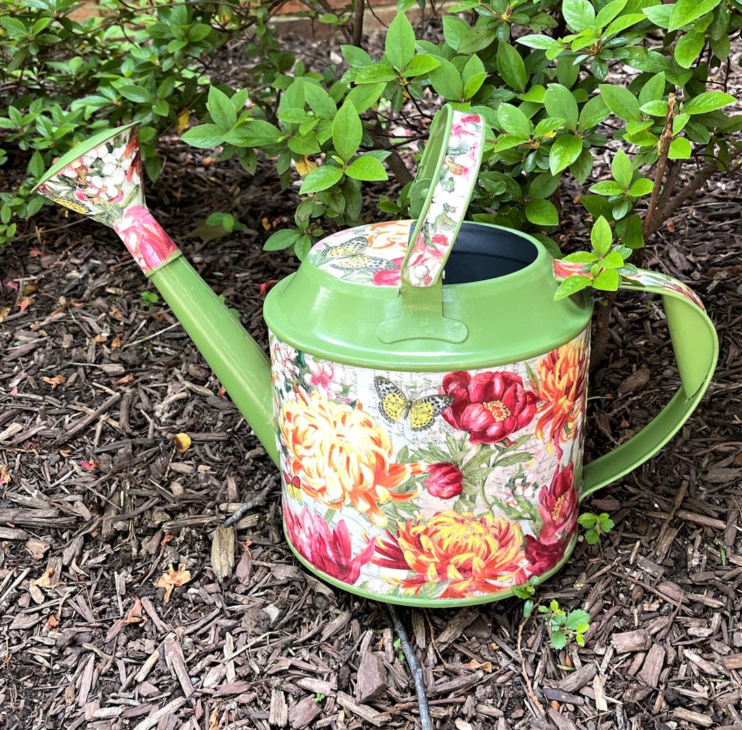 Handcrafted Floral Decoupage Watering Can: Galvanized Metal - GREEN ...