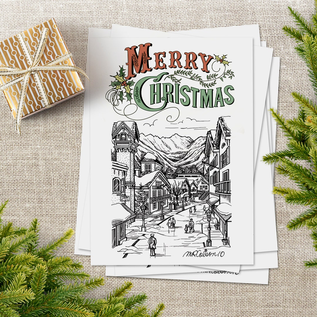 Winter Village Christmas Card Set of 10, Pen and Ink, Holiday Cards ...