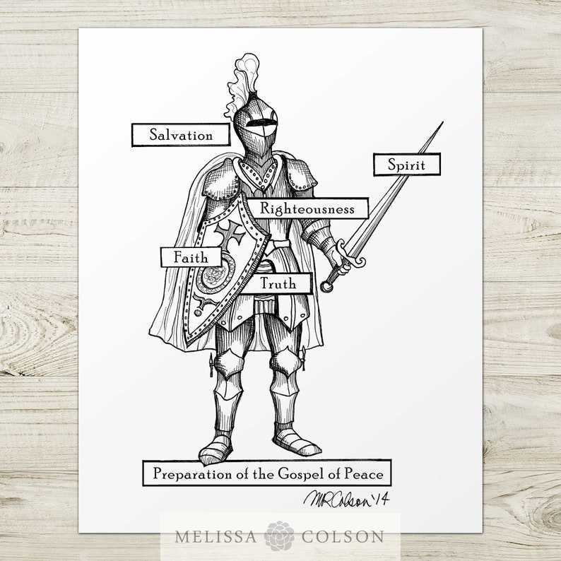 Armor of God Knight Print, Inspirational Bible Verse, Pen and Ink ...
