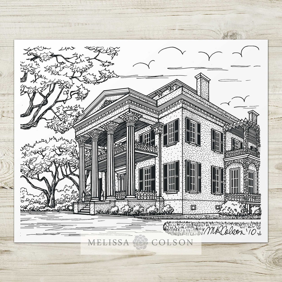 Stanton Hall Print, Natchez Mississippi, Pen and Ink Architectural ...