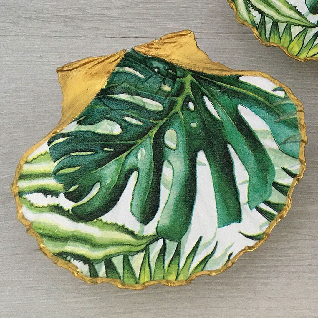 Decoupage Tropical Leaves Scallop Shell Ring Dish, Seashell Shell Decor ...