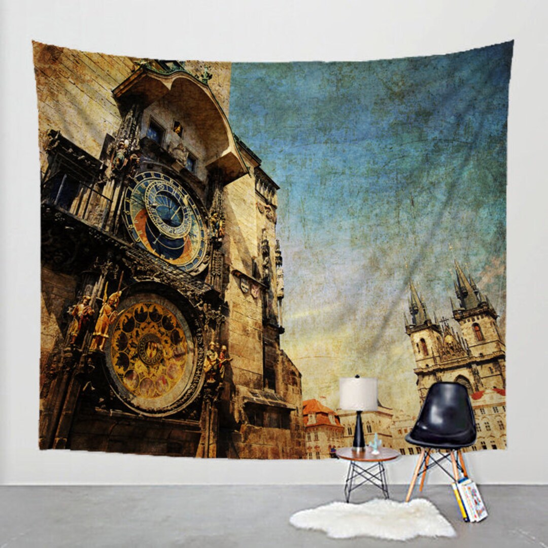 Wall Tapestry Prague Photography Fabric Art Print Wall Hanging Clock Tower, Czech Republic ...