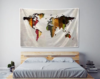 World Map Tapestry Rustic Fabric Art Print Wall Hanging | Etsy
