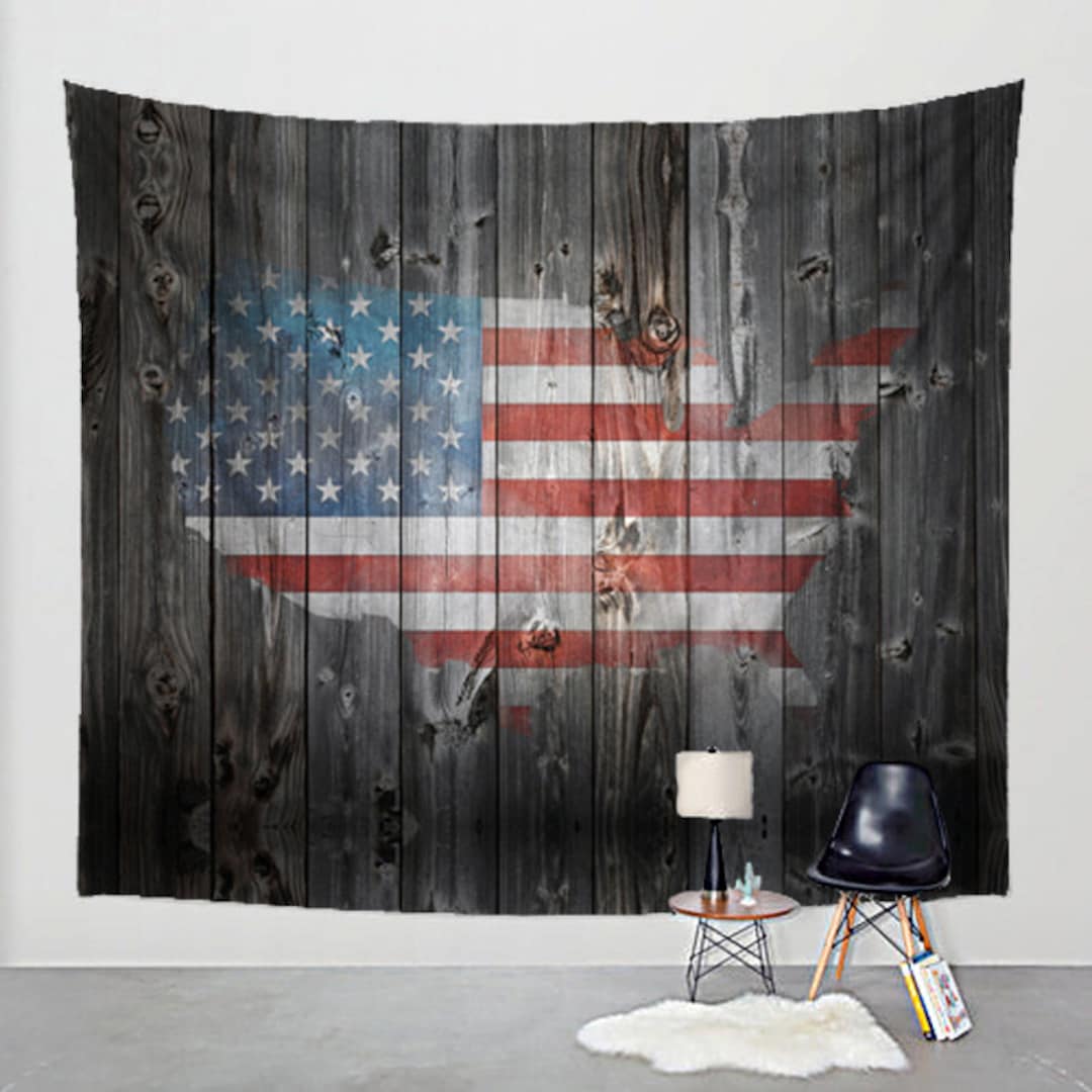 American Flag Map US Tapestry Sepia Barn Wood on Fabric Art Print Wall ...