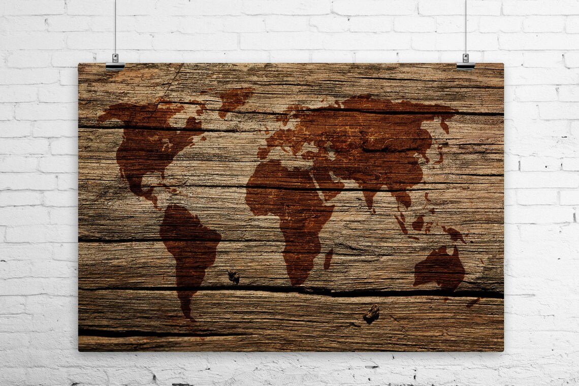 Rustic World Map on Barn Wood Art Print Wall Poster Sepia Giclee ...