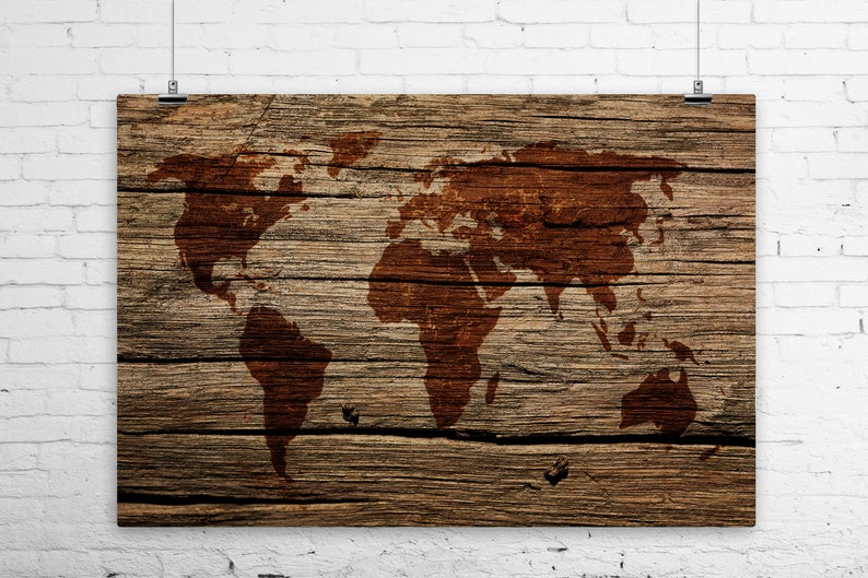 Rustic World Map on Barn Wood Art Print Wall Poster - Sepia - Giclee ...