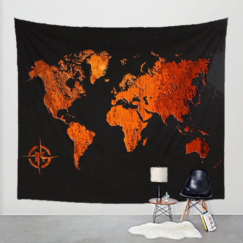 World Map Tapestry Rust Orange Jagged Metal on Fabric Art Print Wall ...