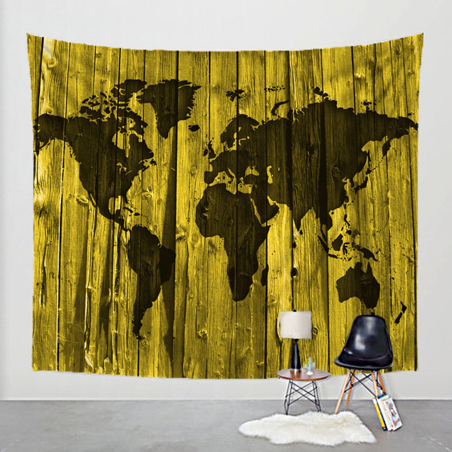 World Map Tapestry Barn Wood on Fabric Art Print Wall Hanging - Choose ...