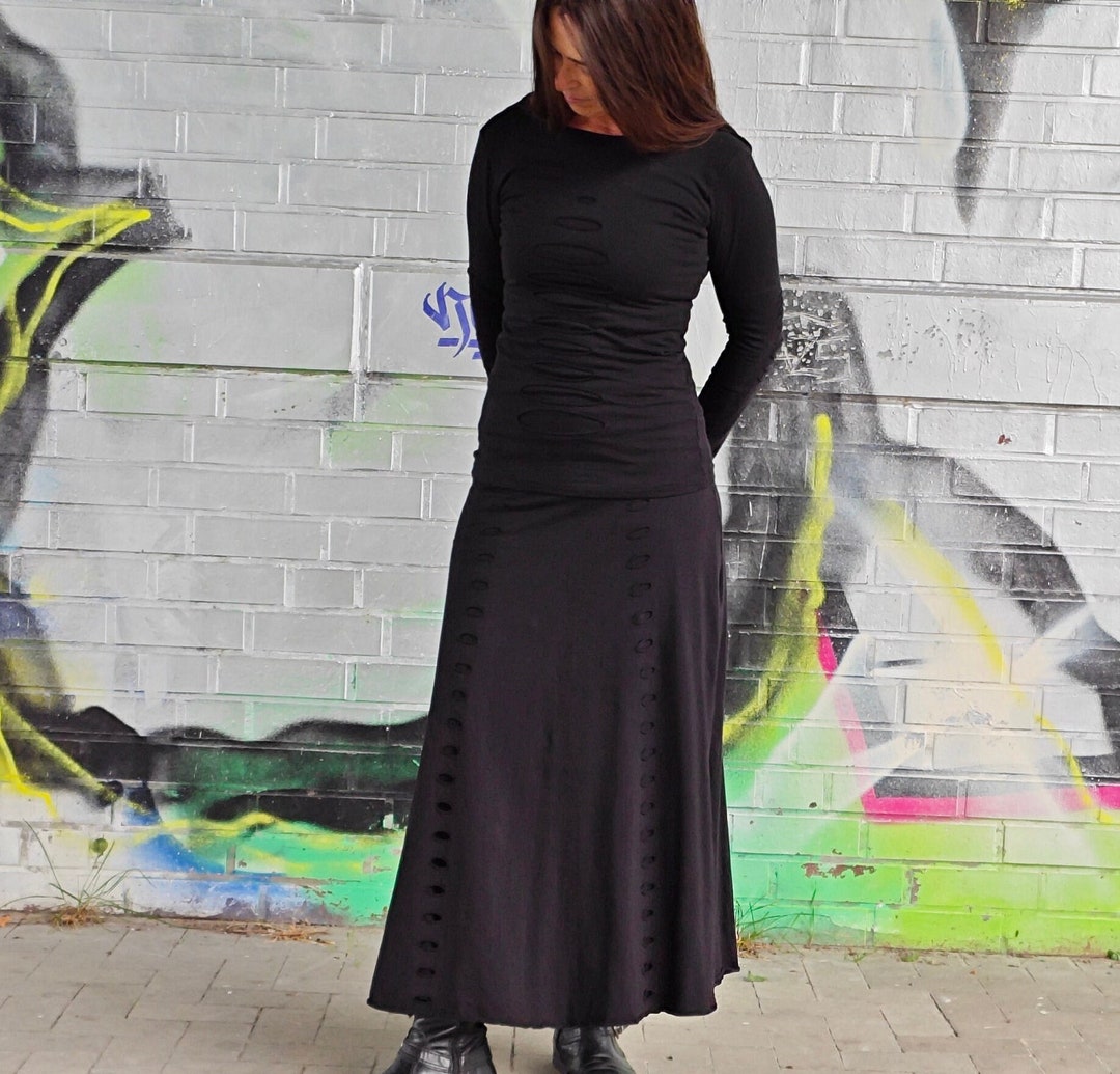 Elegant Goth Elegant Cotton Double Split Panel Skirt, Stretchy ...