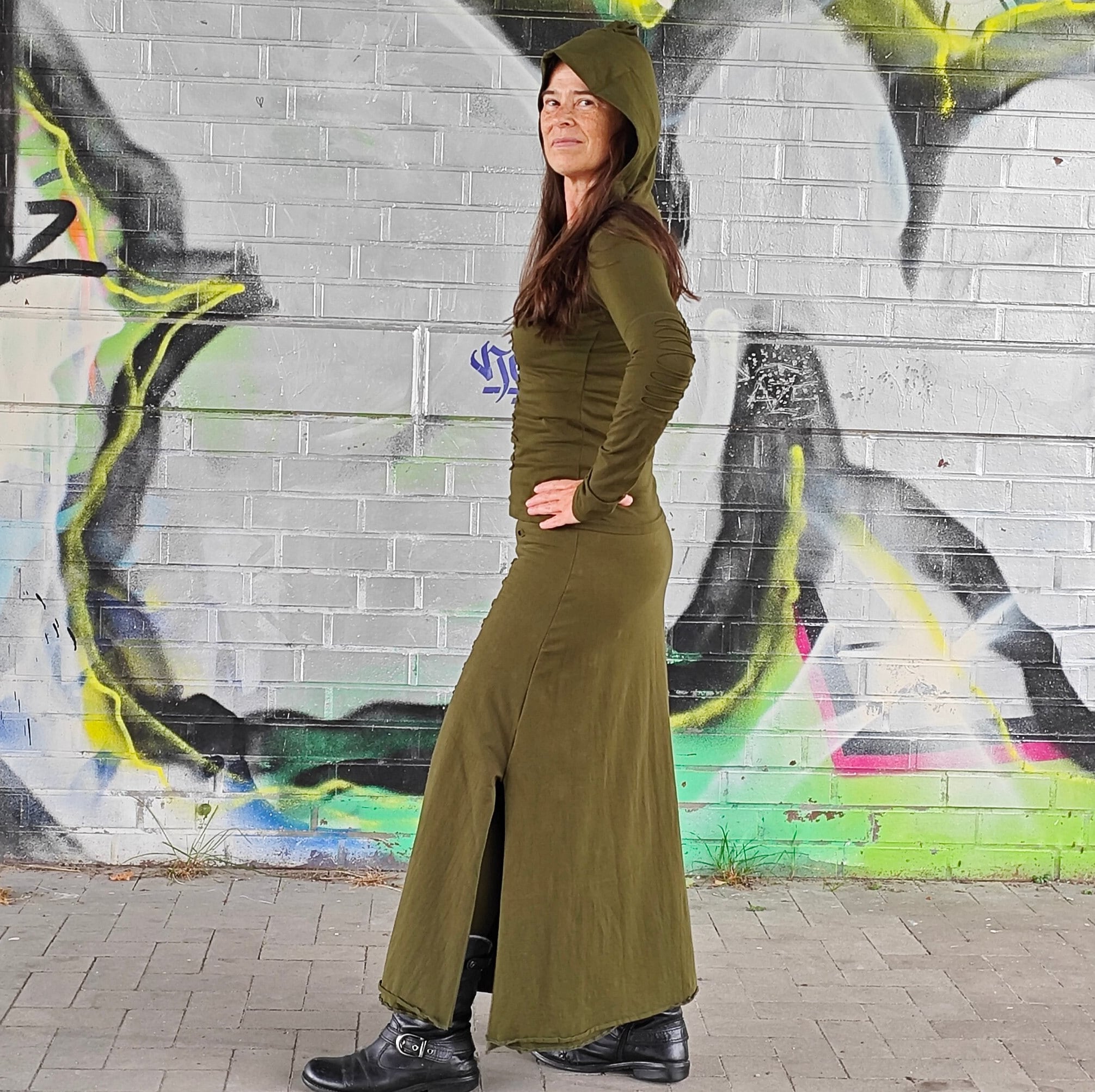 Alternative Goddess Double Slit Maxi Skirt W/ Hoodie Cut-out Top Cotton ...