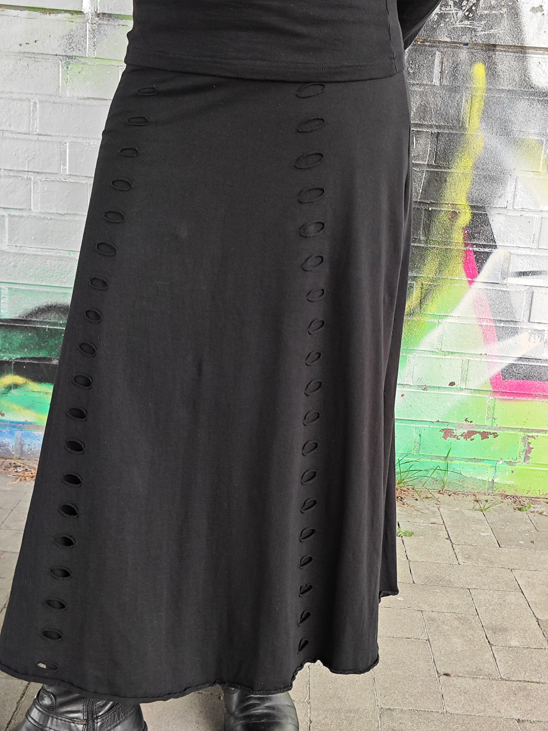 Black Elegant Goth Cotton Double Split Panel Skirt, Stretchy Steampunk ...