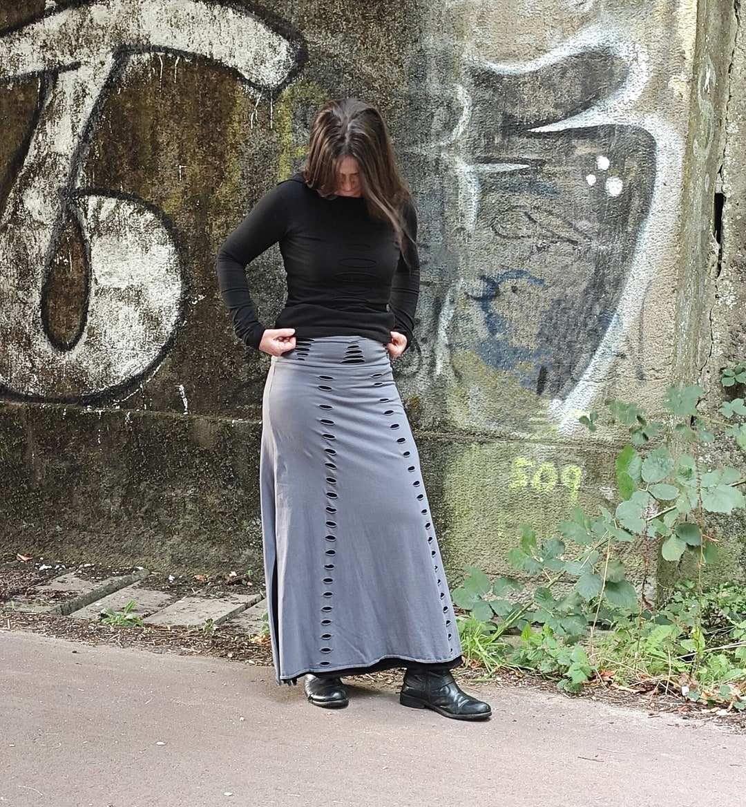 Steampunk Fitted Y2K Goth Long Panel Skirt, Stretchy Cotton Double Side ...