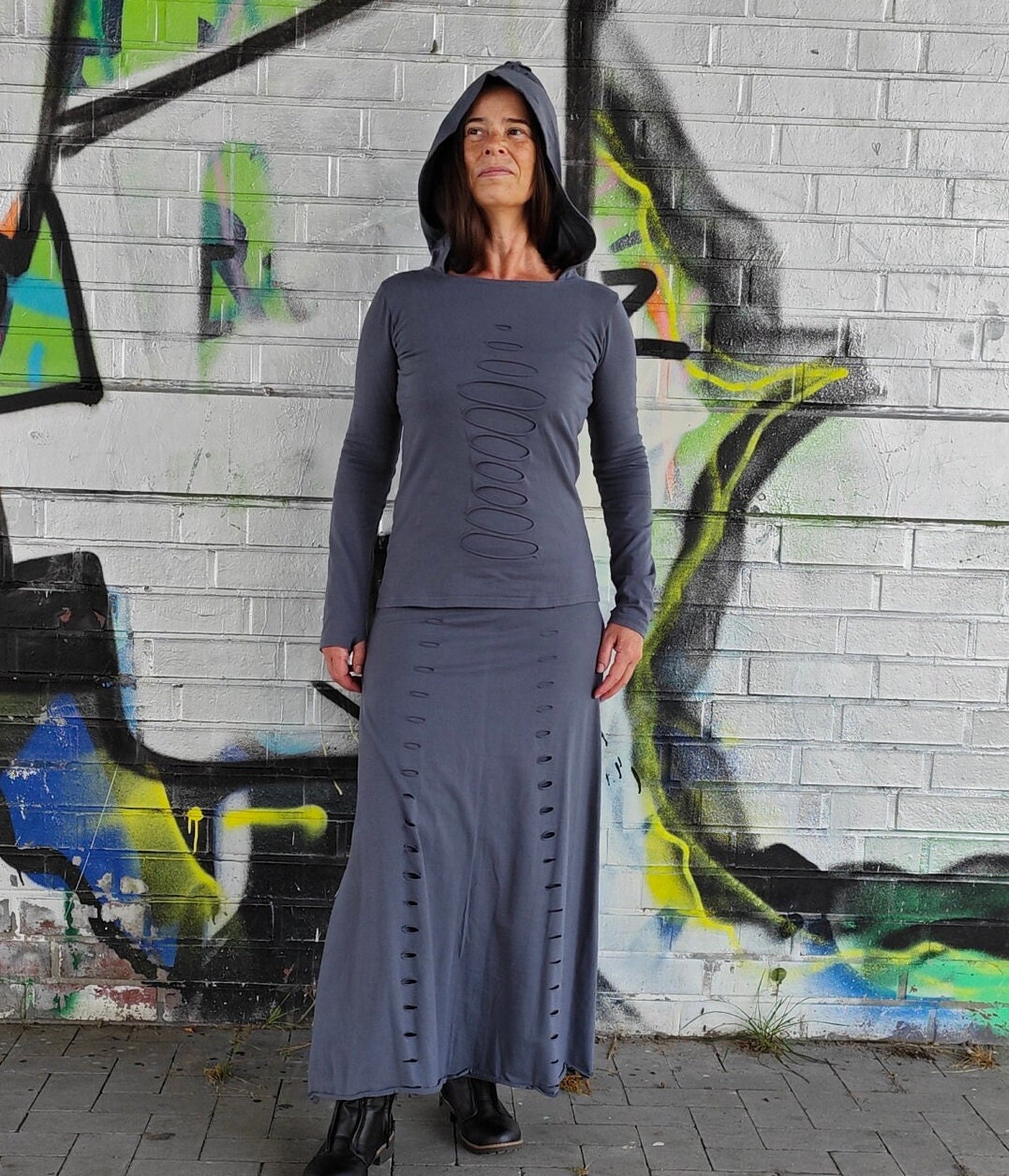 Alternative Goddess Double Slit Maxi Skirt W/ Hoodie Cut-out Top Cotton ...