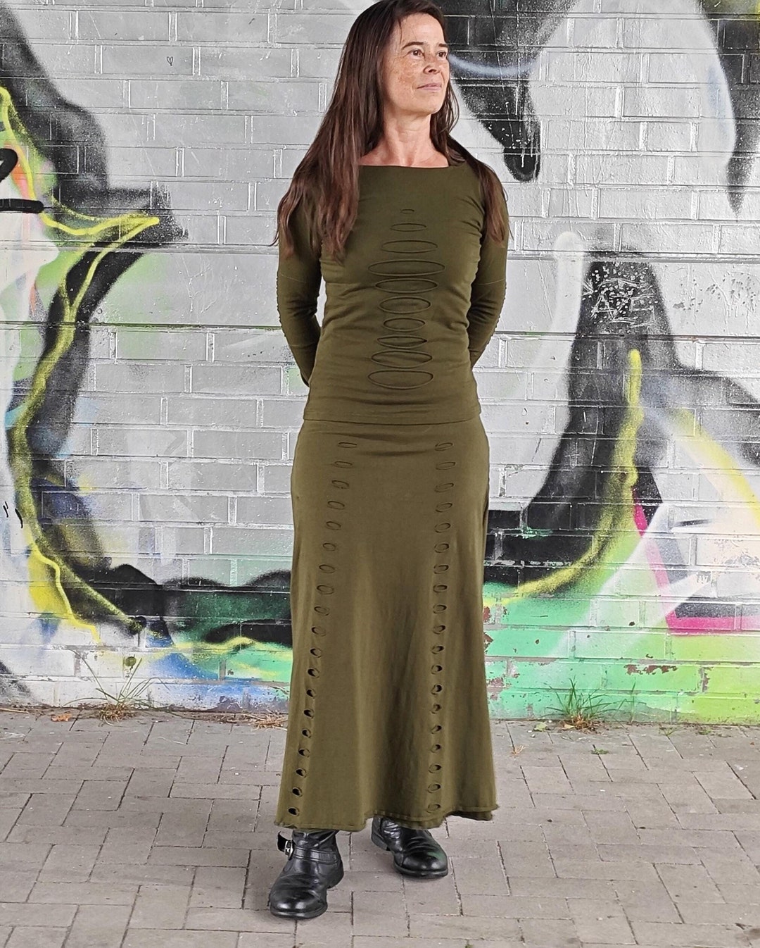 Alternative Goddess Double Slit Maxi Skirt W/ Hoodie Cut-out Top ...