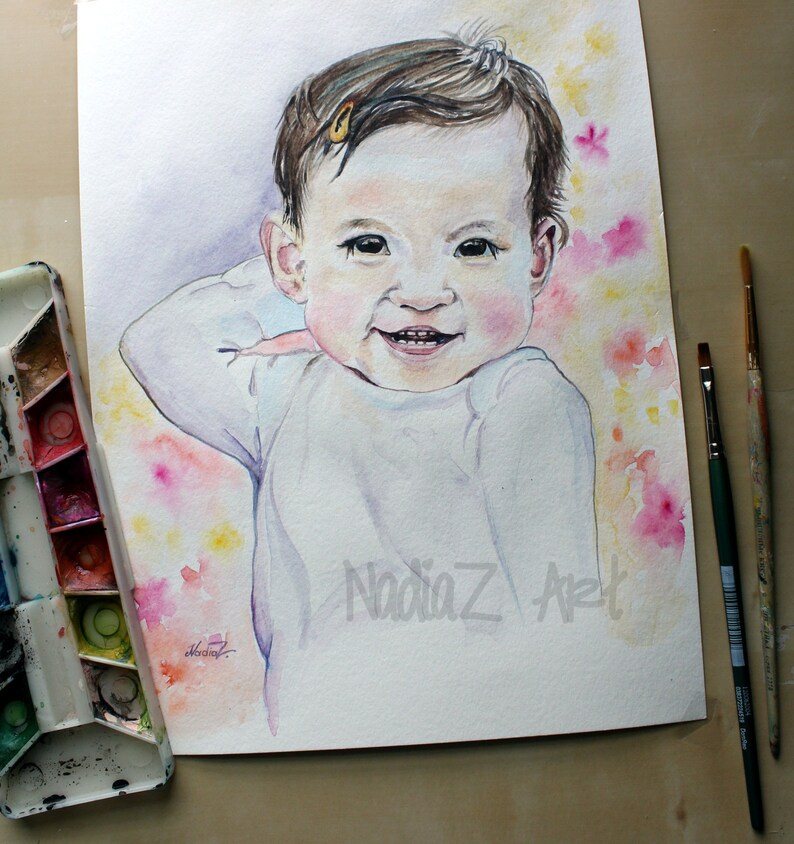 Custom Child Infant Baby Watercolor Portrait-mother's Day Gift-baby ...