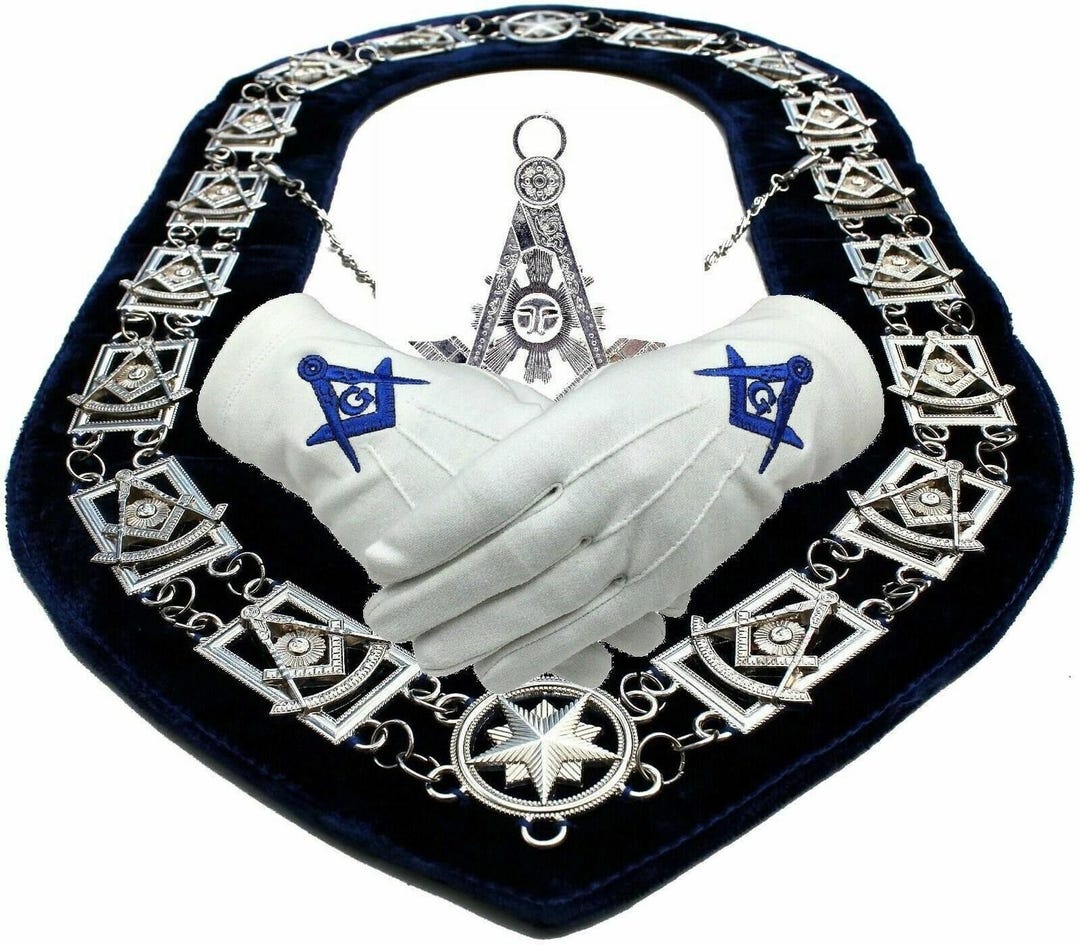 Masonic Past Master Silver Chain Collar BLUE Backing + JEWEL + GLOVES ...