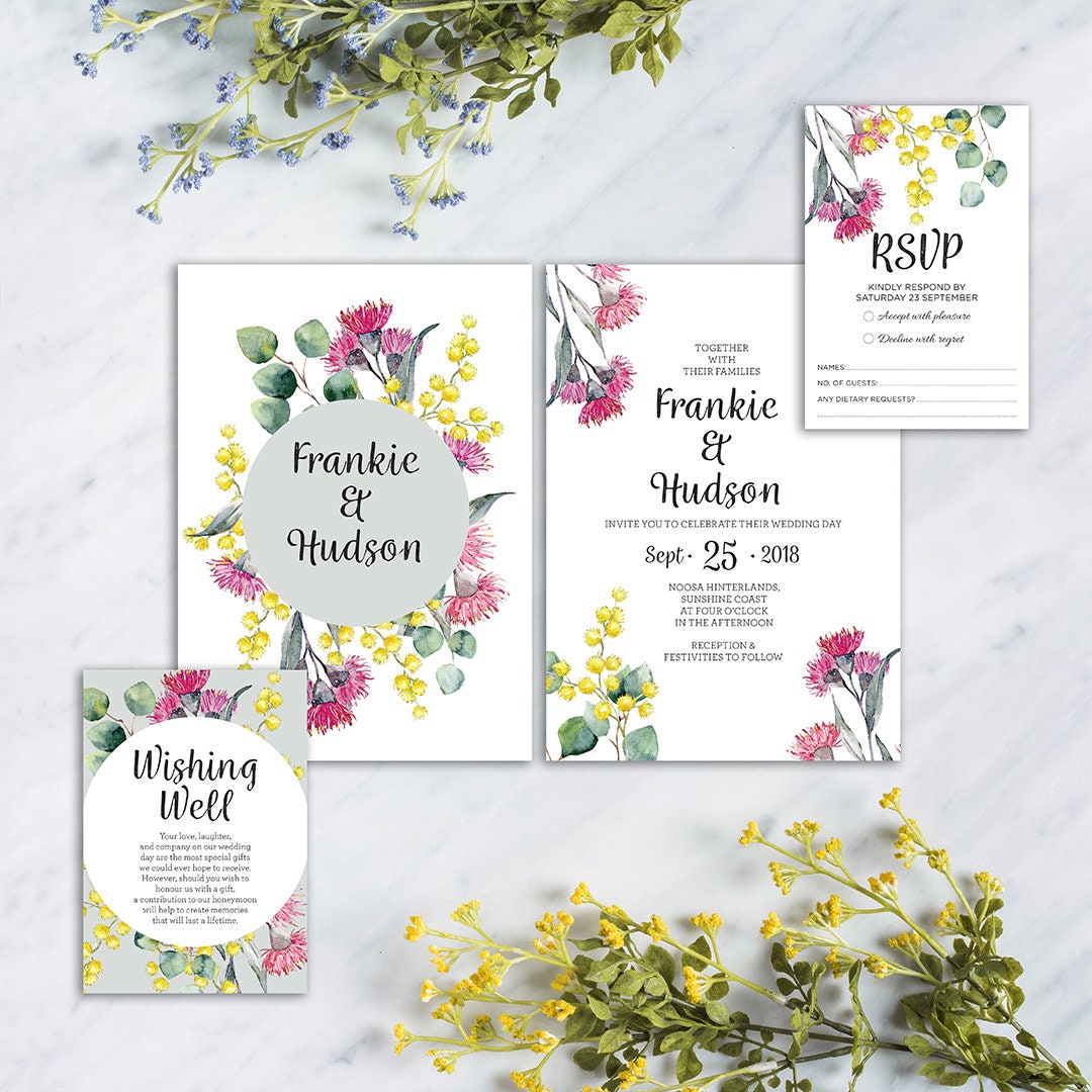 Rustic Wedding Invitation, Printable, Wattle Flowers, Gum Flowers ...