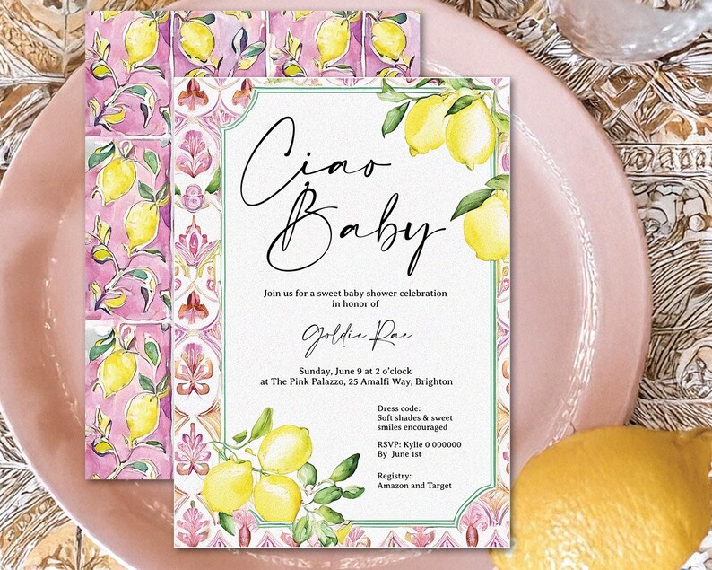 Ciao Baby Shower Invitation: Amalfi Lemons, Pink Tiles (corjl Template ...
