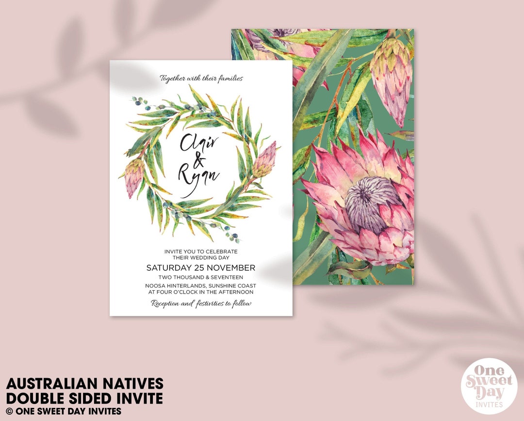 Protea Wedding Invitation Printable, Australian, Eucalyptus Leaves, Gum ...
