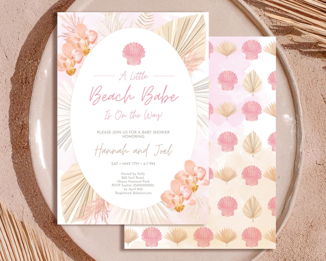 Editable Beach Baby Girl Shell Invite, Boho Baby Shower Invite, Baby on ...