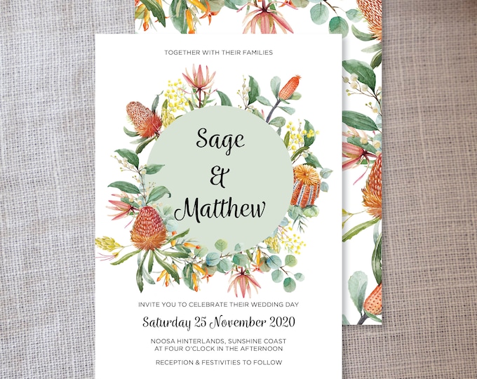EDITABLE Wedding Invitation Native Flower Australian Rustic Minimalist ...