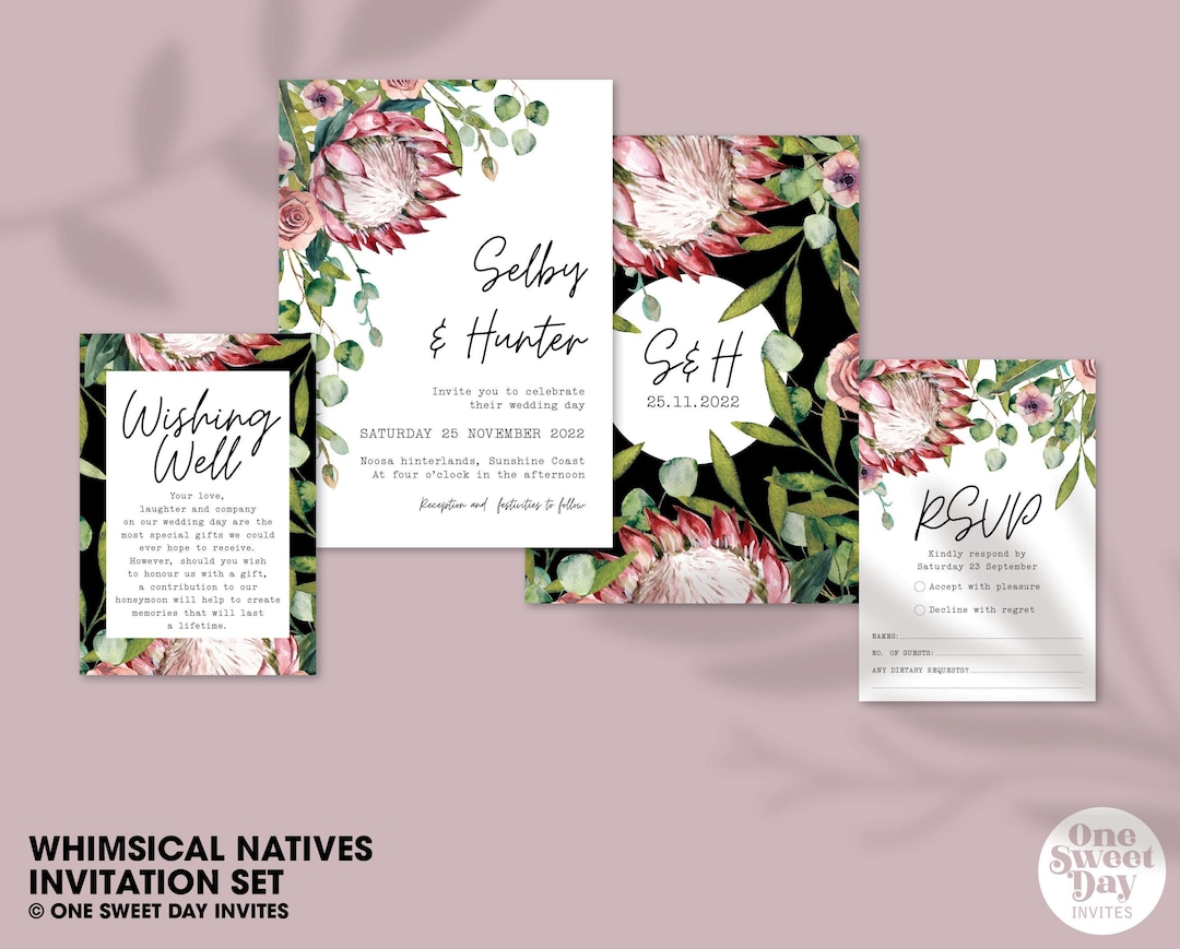 Wedding Invitation, Protea Wedding Invite, Greenery Wedding Invitation ...