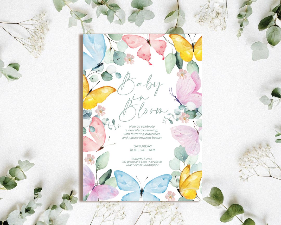 Baby in Bloom Invitation, Butterfly Floral Gender Neutral Spring Invite ...