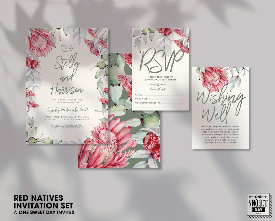 Protea Wedding Invitation, Rustic Wedding Invitation Set, Australian ...