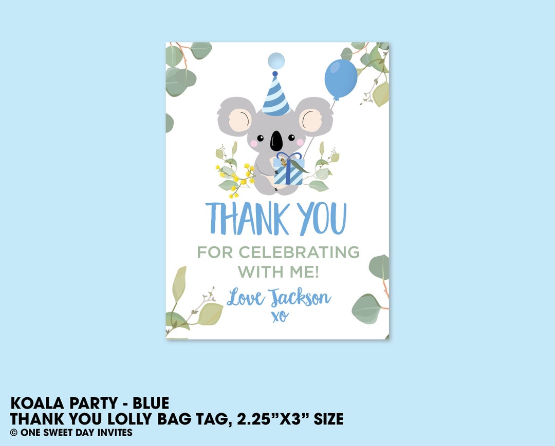 Koala Birthday Thank You Favour Tags, Blue Thank You Favor Tags, Lolly ...