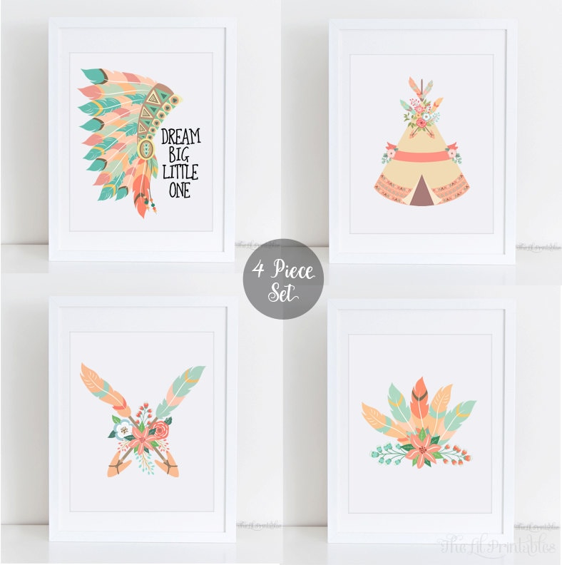Tribal Nursery Wall Art Set, Native Nursery Print Set, Headdress Wall ...