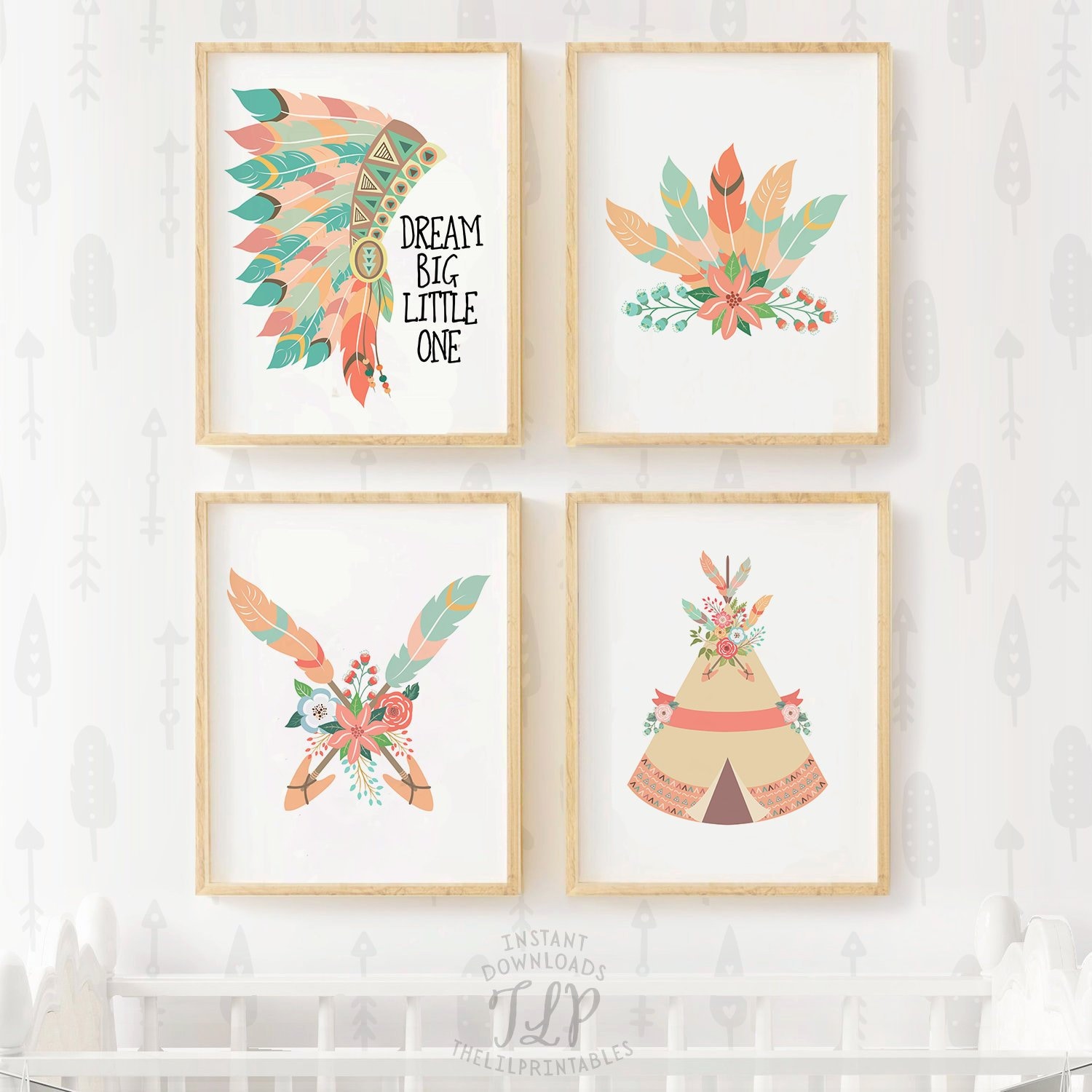 Tribal Nursery Wall Art Set, Native Nursery Print Set, Headdress Wall ...
