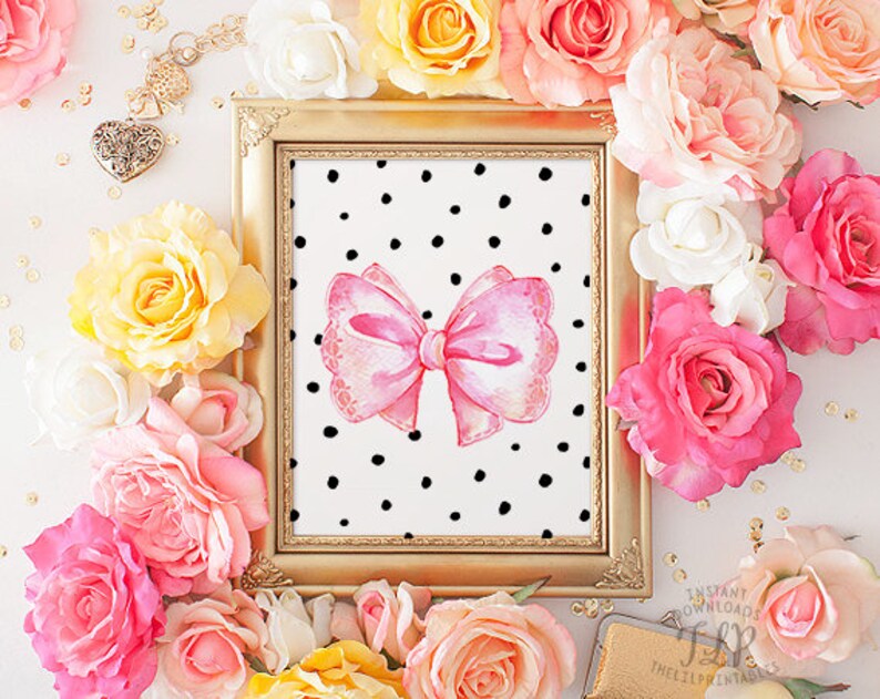 Pink Wall Art, Pink Wall Decor, Bow Print, Ribbon Print, Cute Print ...
