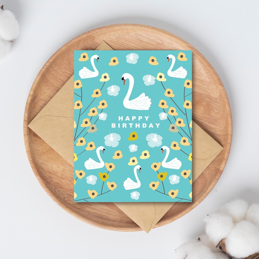 Swan Birthday Card: Floral Garden Greeting - Etsy