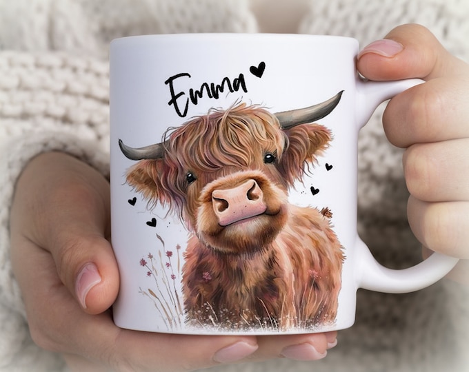 HIGHLAND COW Personalised With Name Mug Cup Coaster Mat 11oz, Double ...