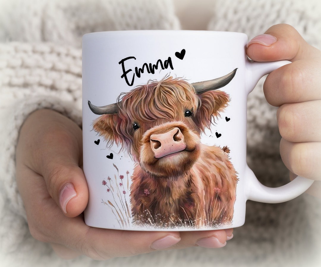 HIGHLAND COW Personalised With Name Mug Cup Coaster Mat 11oz, Double ...