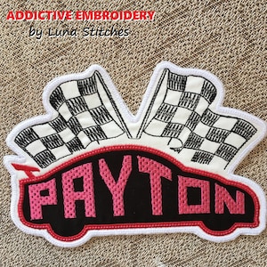 Race Car Checkered Flag Personalized Iron on Patch Embroidered Applique Custom Name Tag School ...