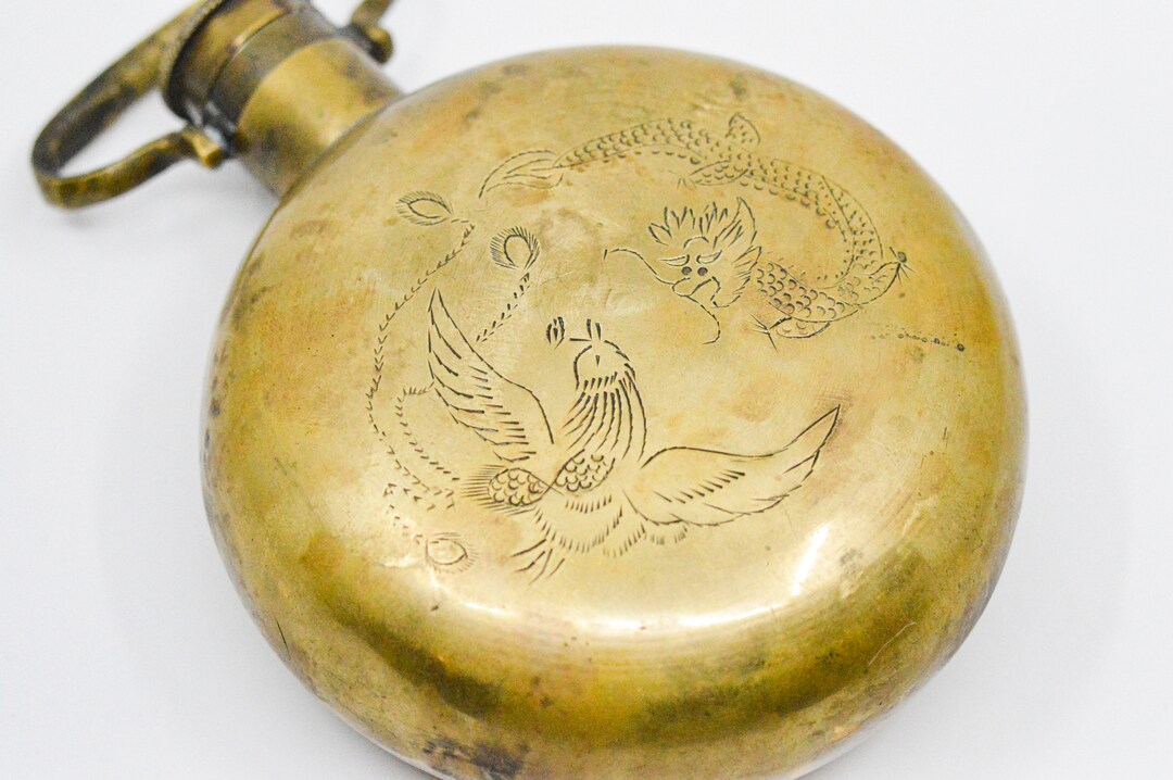 Vintage Chinese Brass Flask With Etched Ornament , 6 Inches Long, Mid ...
