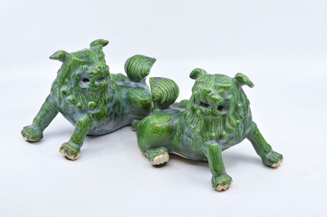 Vintage, Japanese, Ceramic, Green, Pair Fu Lions, Figurines, 5 X 7 ...