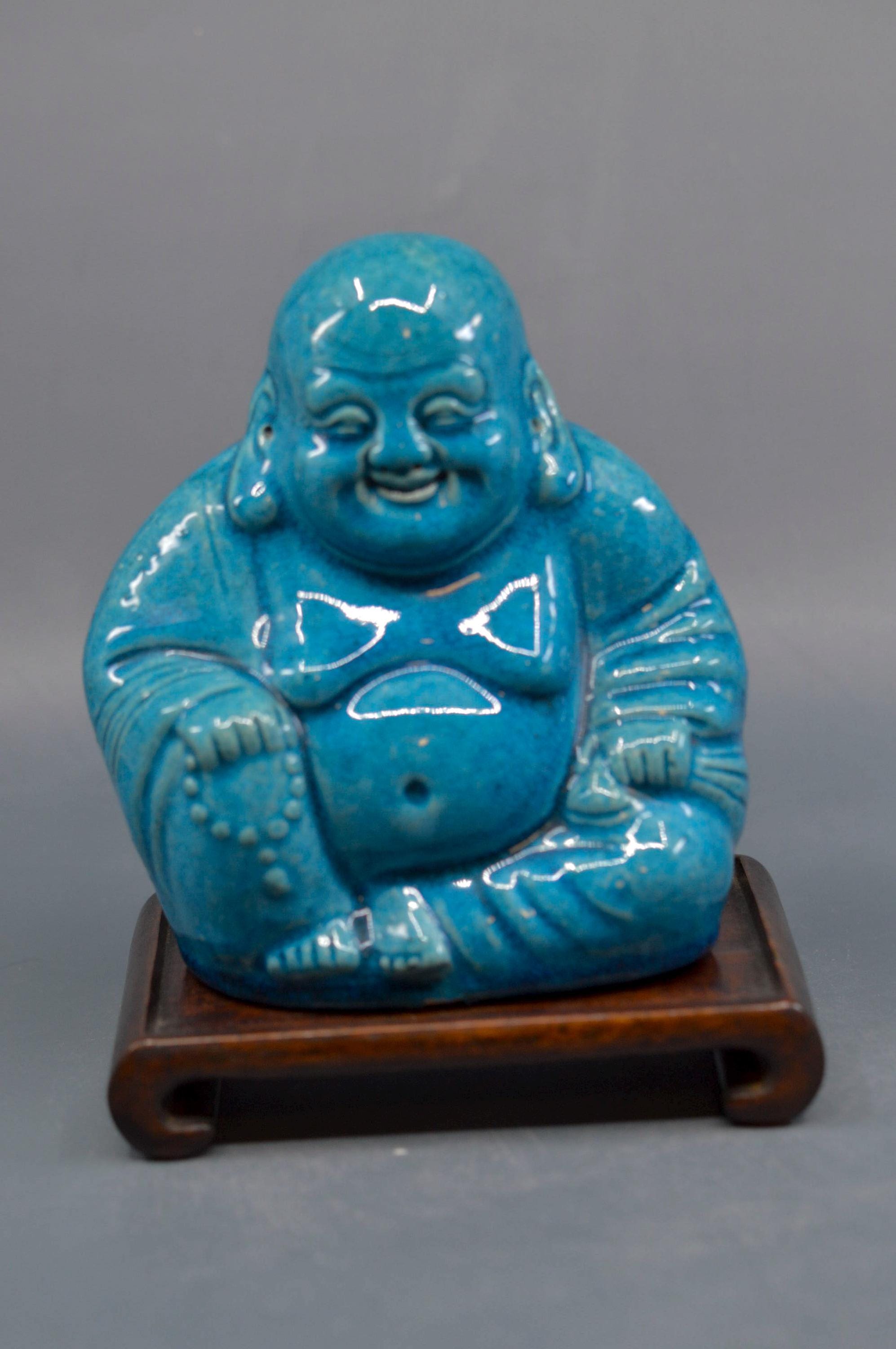 Antique, Chinese, Ceramic, Happy Buddha Statue on Wooden Stand, 6 ...