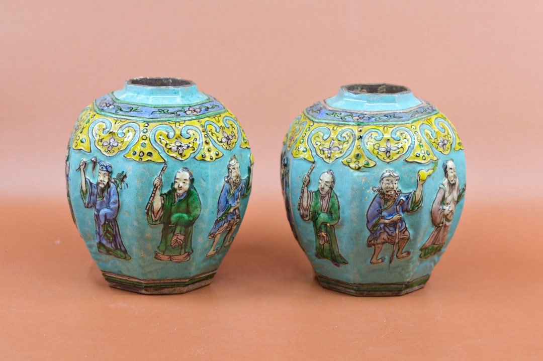 Antique, Chinese, Pair Jars, Featuring 8 Immortals, 5 Inches Tall, Late ...