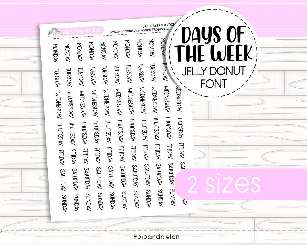 Days of the Week Script Stickers Jelly Donut Font Large & Mini Font ...
