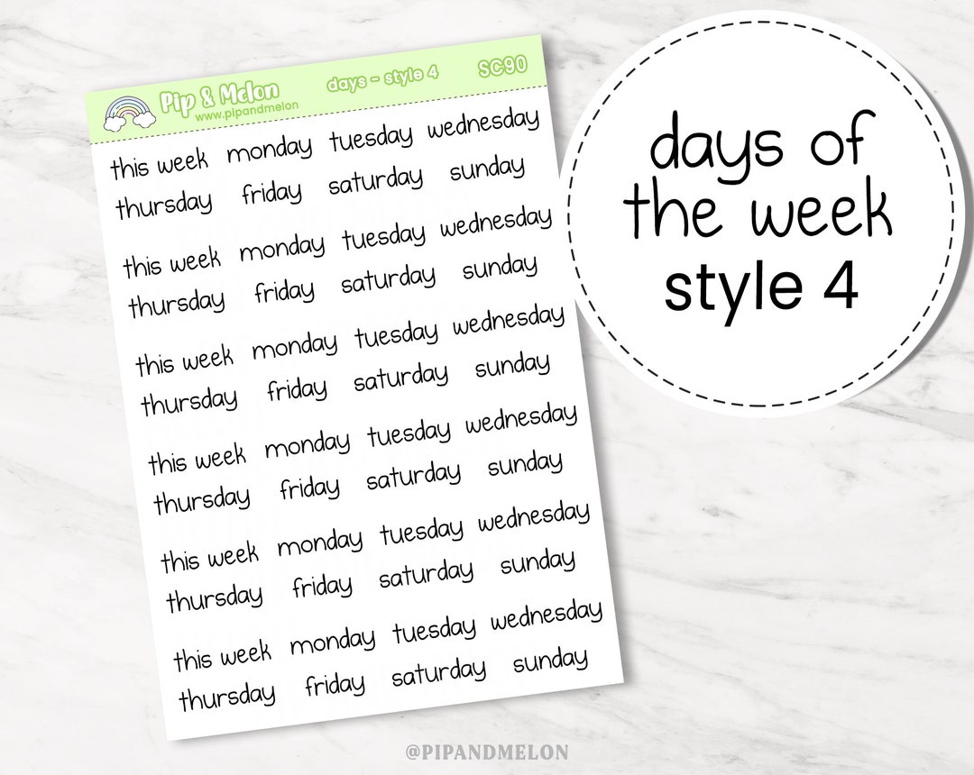 Days of the Week Script Planner Sticker Style 1 Functional Stickers ...