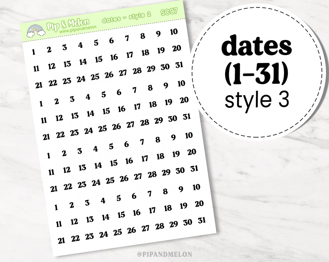 Date Dot Script Planner Sticker Style 2 Functional Stickers Number Font ...
