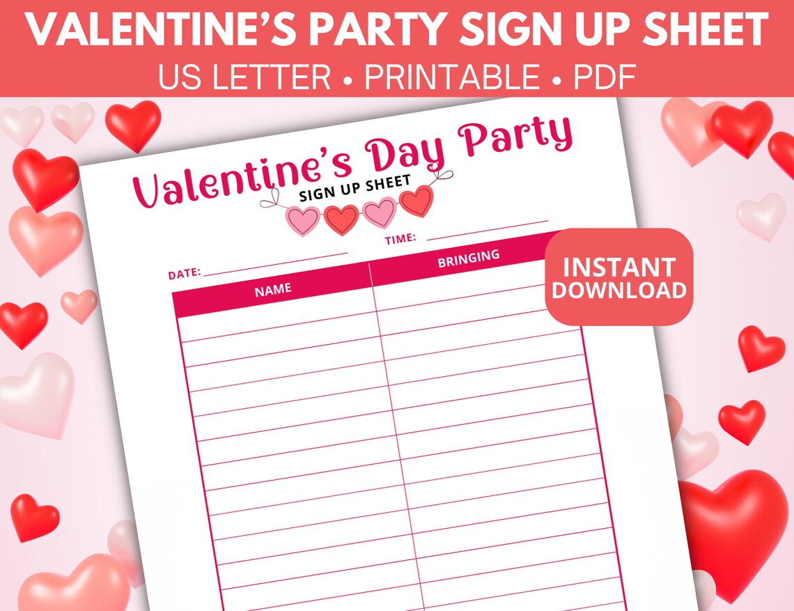 Sign up Sheet Template for Valentine's Day Party, Potluck Sign up Sheet ...