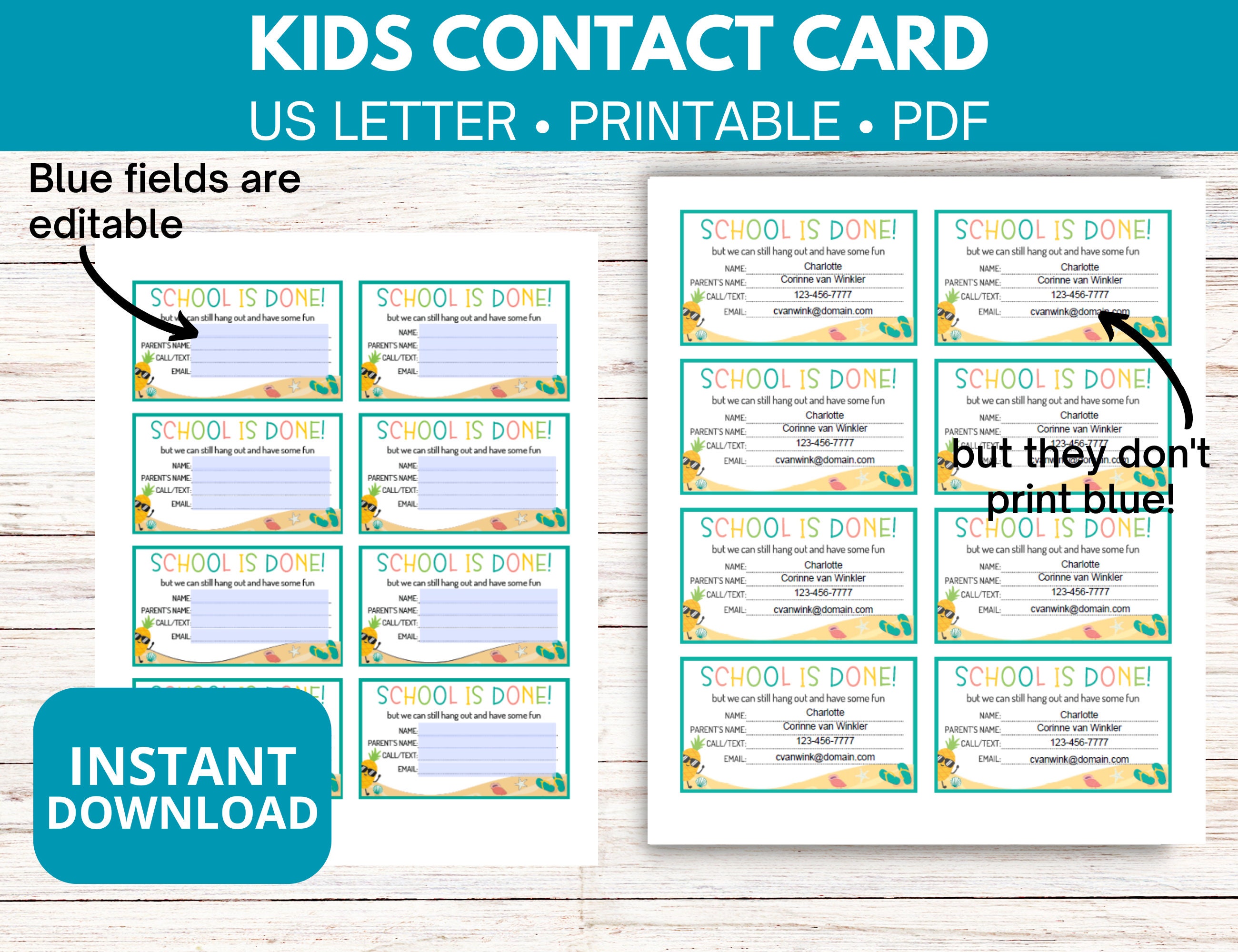 Kids Summer Contact Card, Editable Play Date Card, End of School ...